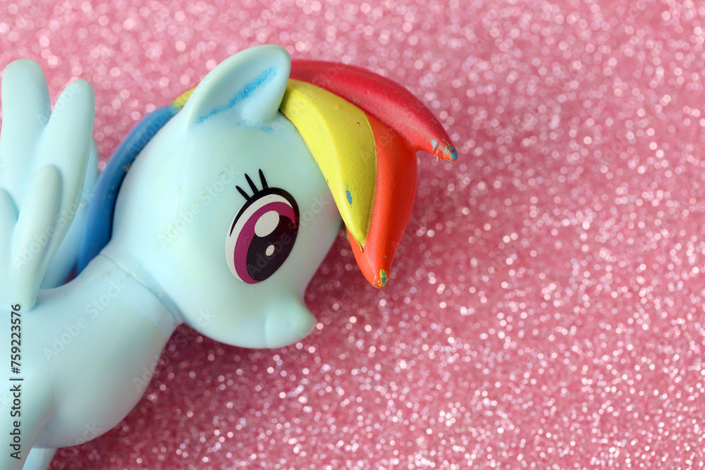 TERNOPIL, UKRAINE - JULY 7, 2023 Old toy with character from My Little ...