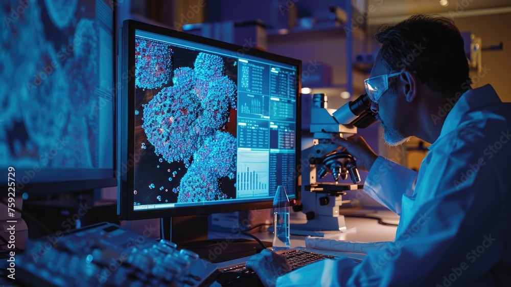 An electron microscope in operation, with a scientist observing the ...