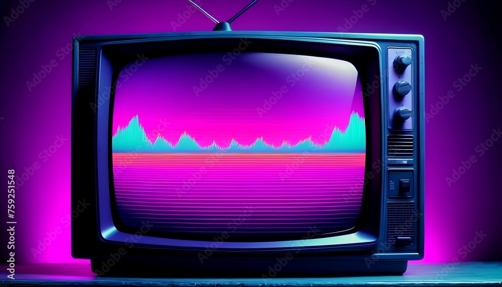 80s Retro wave style background displayed on vintage tv screen. VHS ...