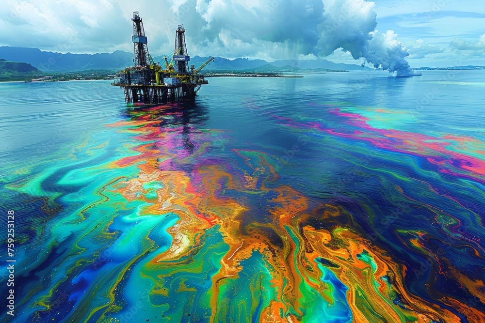 Offshore oil platform amidst massive oil spill: environmental peril at ...