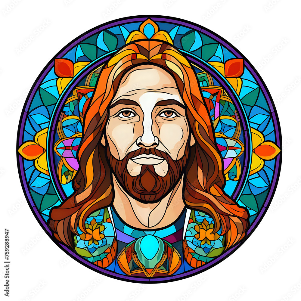 Stunning stained glass style portrait of a man with long hair, set ...