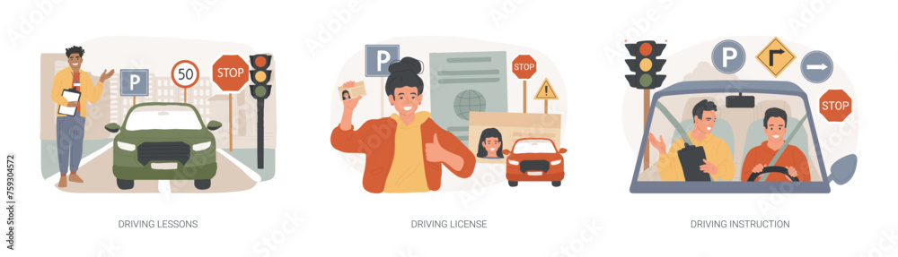 Driving school isolated concept vector illustration set. Driving ...