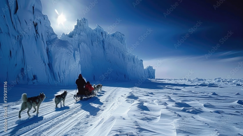 Frozen journey, person with sled of dogs traverses snowy antarctica, an ...