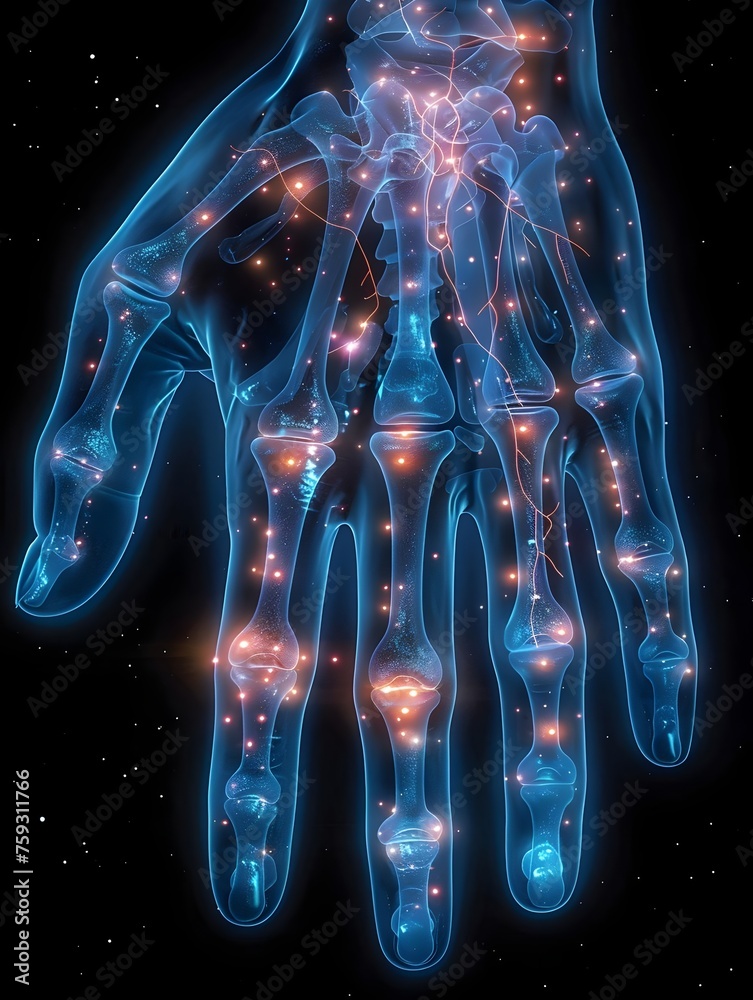 Medical illustration of arthritis in the hands, highlighted in red on ...