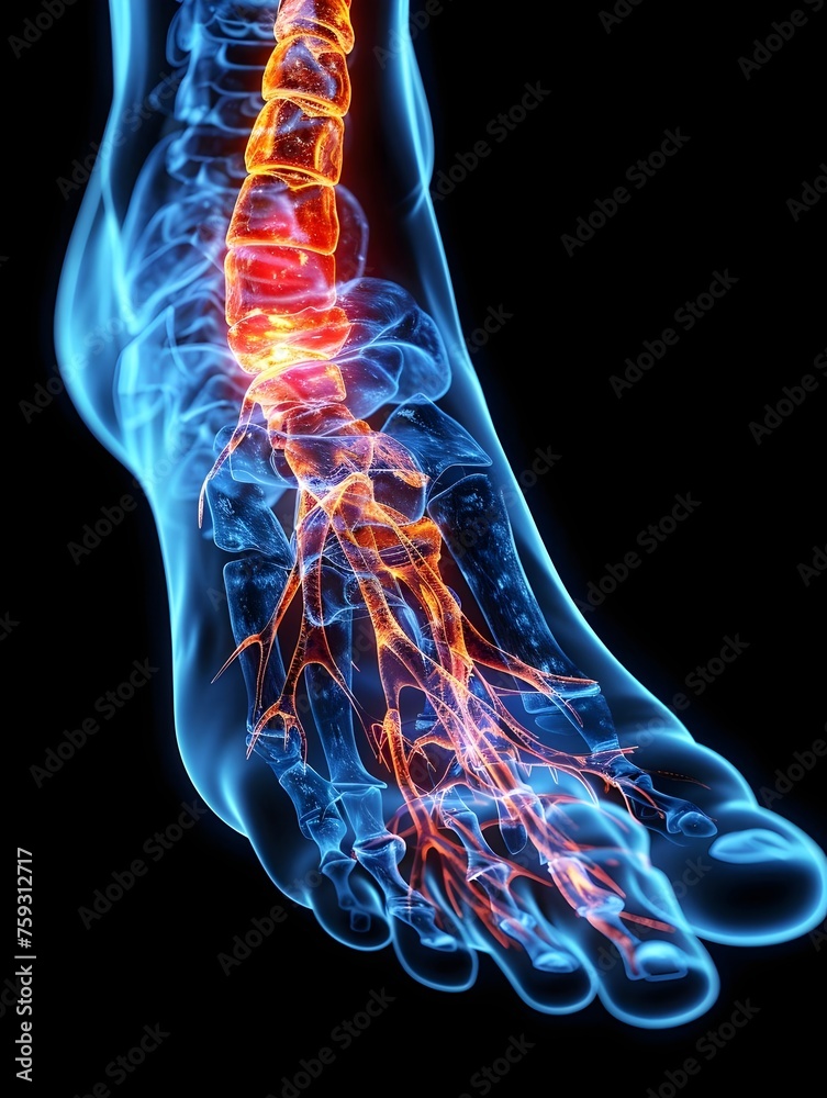 Medical illustration of foot ulcer, highlighted in red on the foot area ...