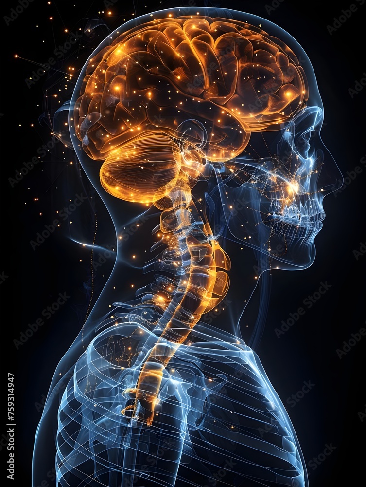 Medical illustration of a healthy brain, highlighted in red with ...