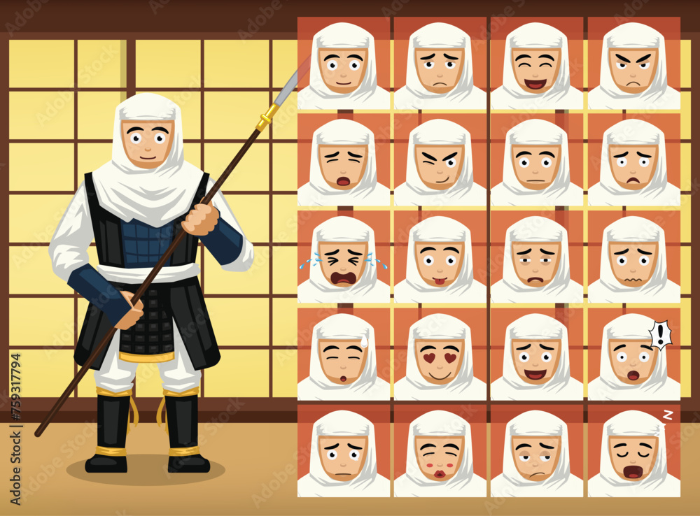 Japanese Warrior Monk Cartoon Emotion faces Vector Illustration Stock ...