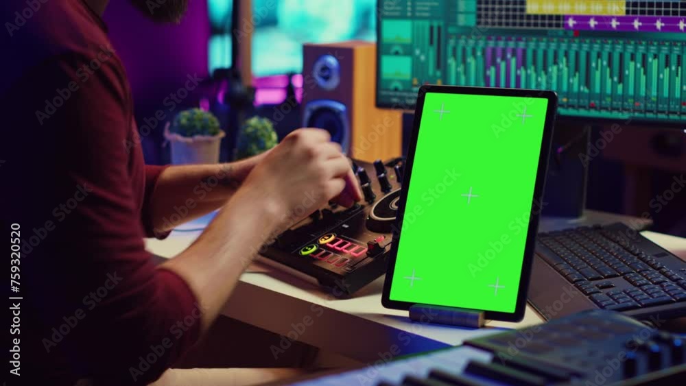 Music producer songwriter mixing tunes on stereo console, recording ...