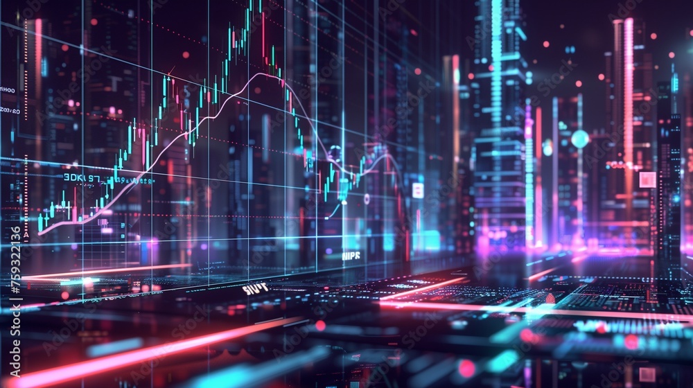 A high-tech, cyberpunk-inspired forex chart, with neon lights ...