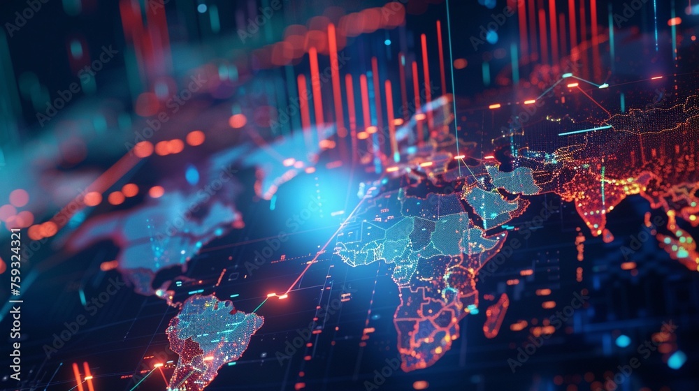 A digital visualization of a global data network featuring financial ...
