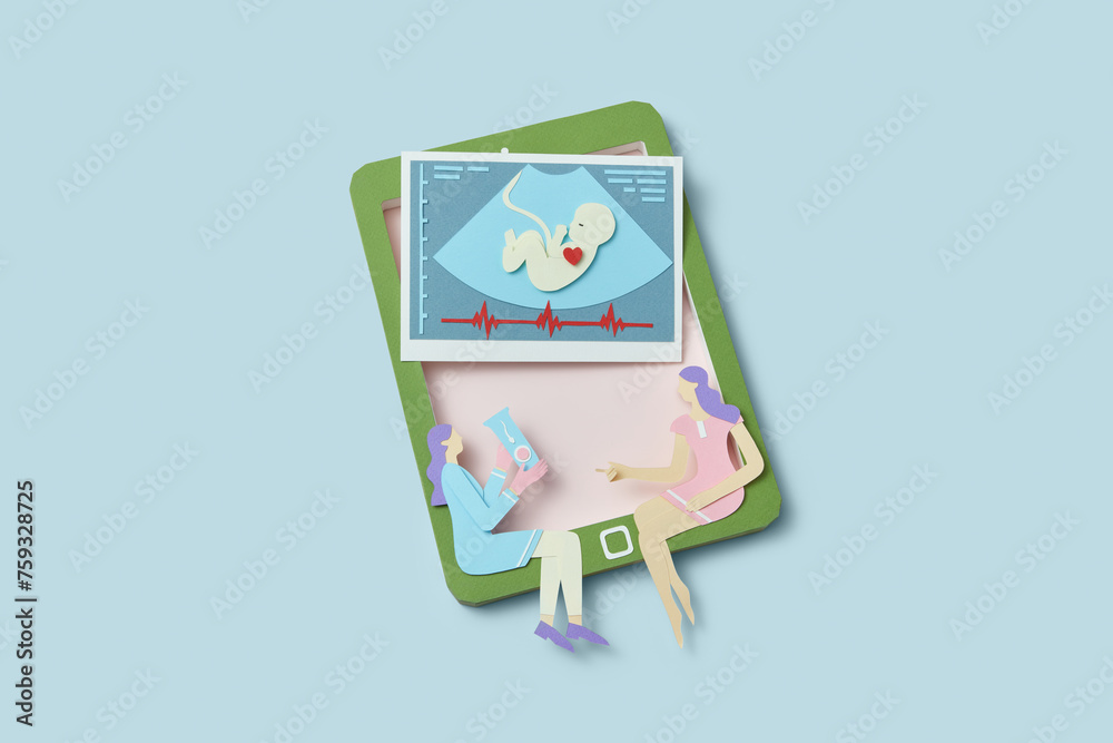Papercraft two women sitting on tablet with ultrasound baby scan Stock ...