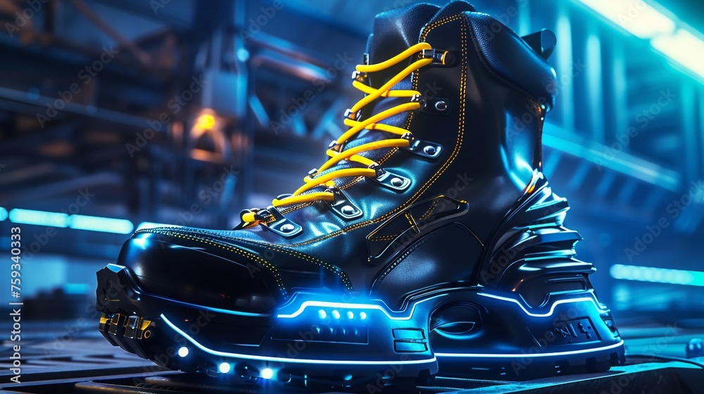 Black and orange safety boot with glowing yellow LED lights on the sole ...