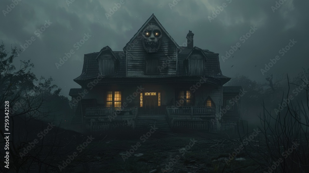 Spooky house with eyes and foggy atmosphere - Atmospheric image of a ...