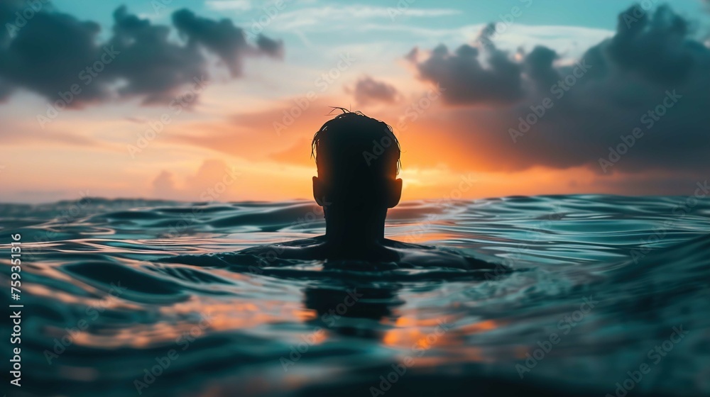 The image captures a tranquil scene of a person submerged in sea water ...