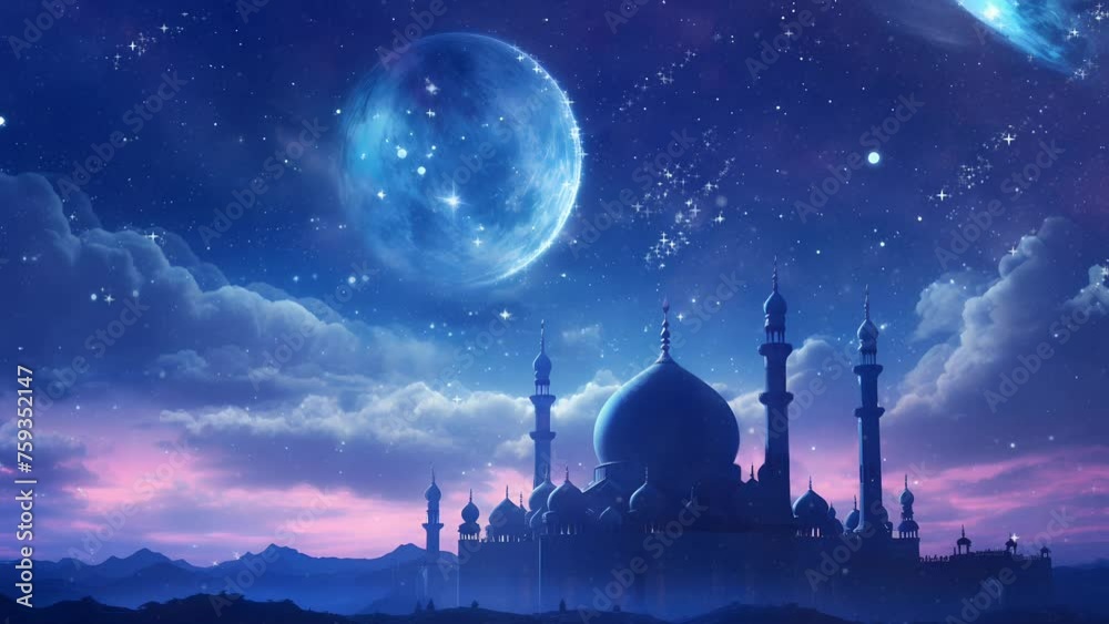mosque with beautiful night and moon accompanied by shining stars and ...