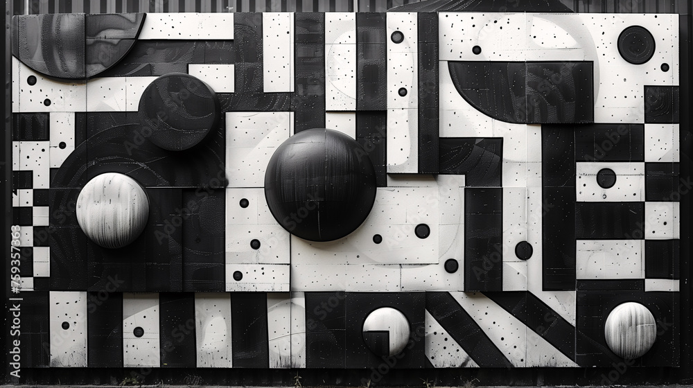 Black and white geometric shapes, spheres, circles, squares and ...