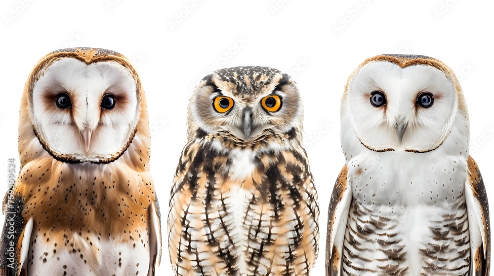 Collection of portraits of different owl species, barn, eagle, snowy ...
