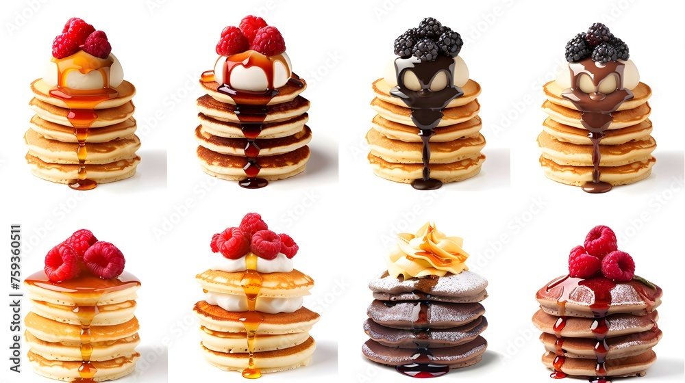 Collection of pancake stacks with different toppings (maple, raspberry, chocolate syrup ...