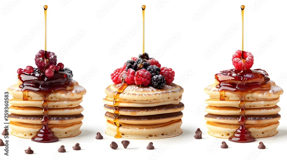 Collection of pancake stacks with different toppings (maple, raspberry, chocolate syrup ...
