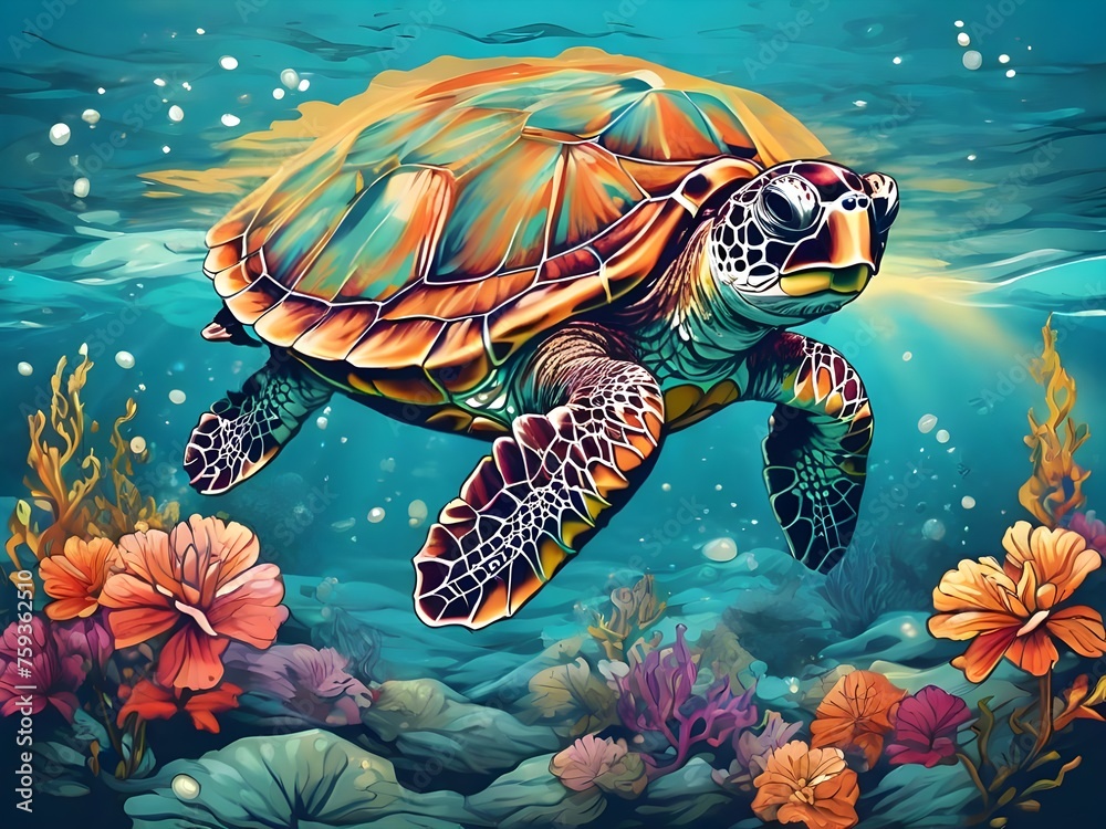 illustration of a sea turtle under the sea, sea flowers, big waves ...