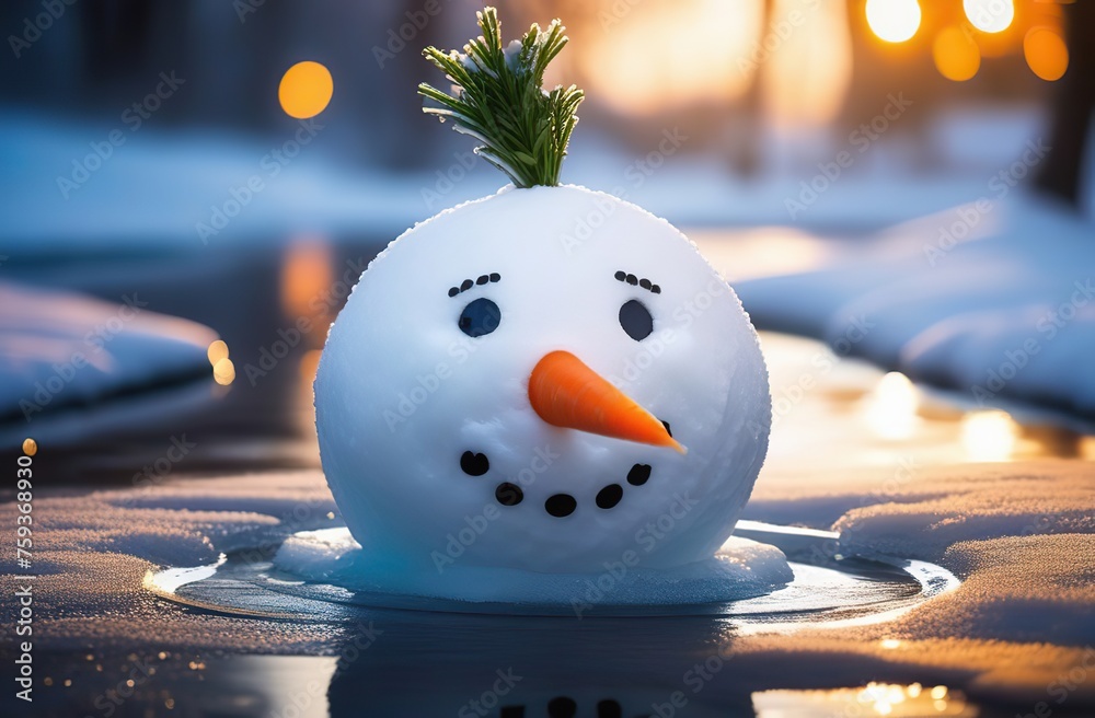 Round head of a sad snowman with a carrot nose, melting into a puddle ...
