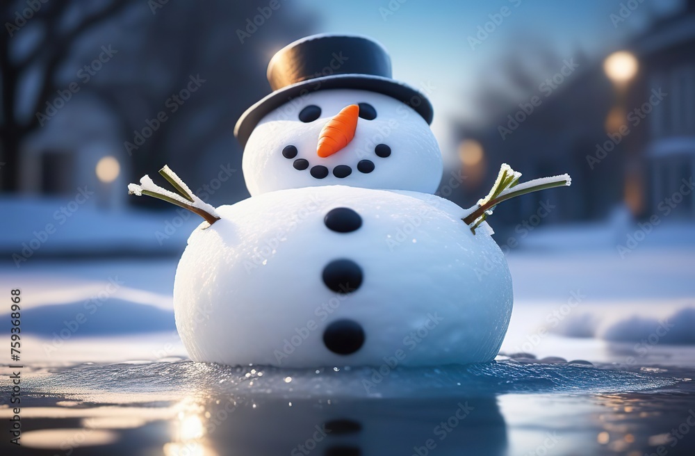 Round head of a sad snowman with a carrot nose, melting into a puddle ...