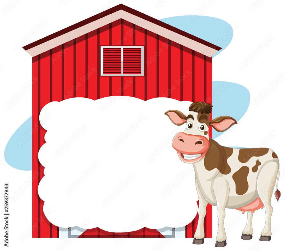 Cartoon cow standing beside a red barn Stock Vector | Adobe Stock