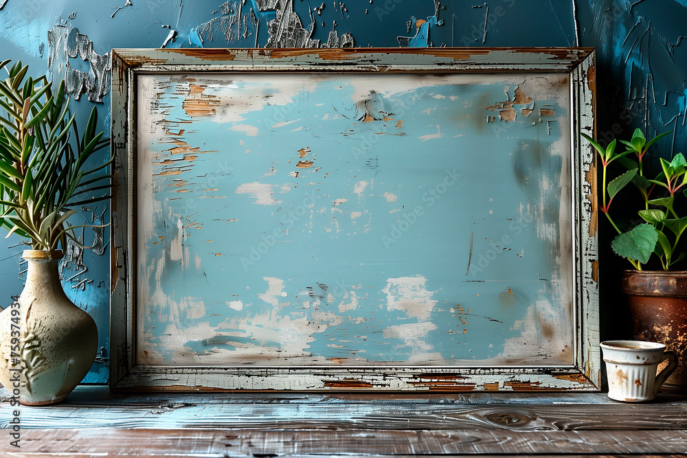 The layout of an expensive poster frame with a vase of flowers. Grunge ...