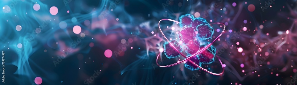 Futuristic Atom Model Radiating Glowing Particles in Pink and Blue: A ...