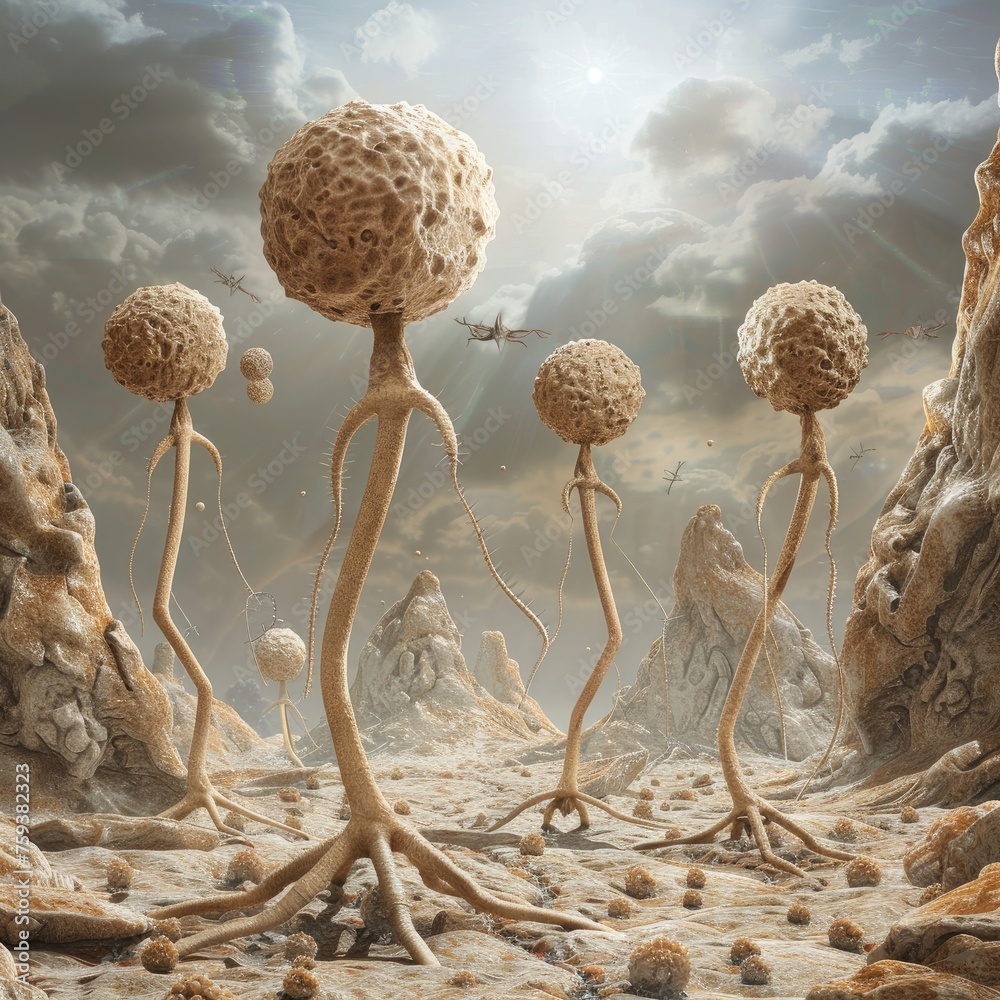 A depiction of bacteriophages as elegant alien trees planting their ...