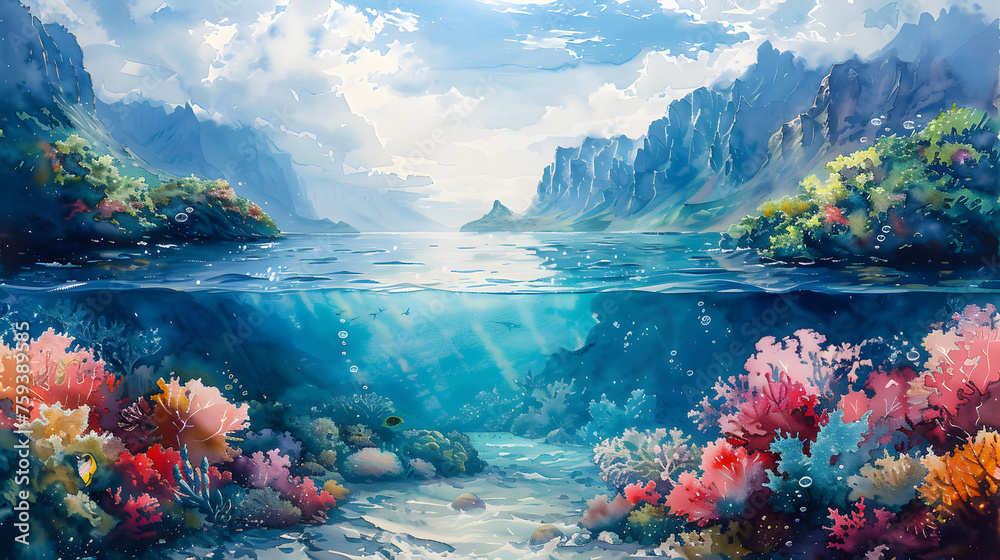 Captivating Half Underwater Seascape and Sky with Landscape in ...