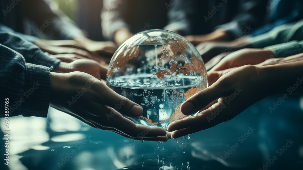 Group of people holding hands around a globe submerged in water ...