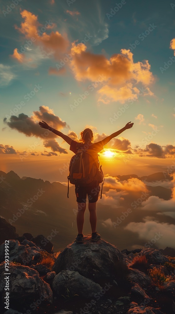 person standing rock arms outstretched wanderer mountain sunset big ...