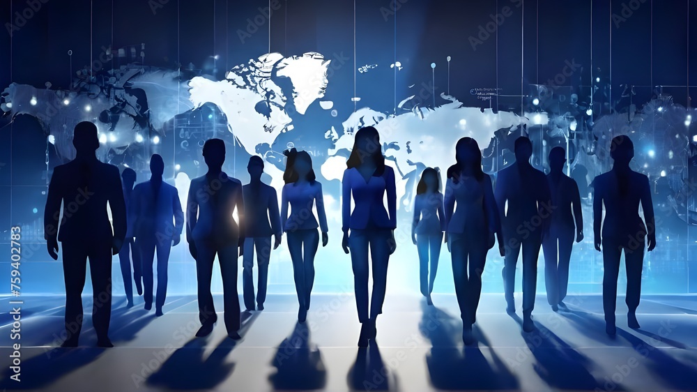 Silhouette business multinational team standing in front of world map ...