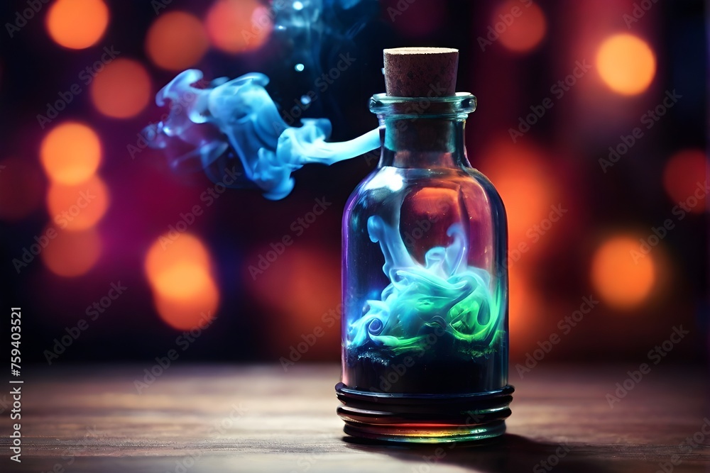 Colourful magic smoke coming out of the glass lantern isolated on bokeh ...
