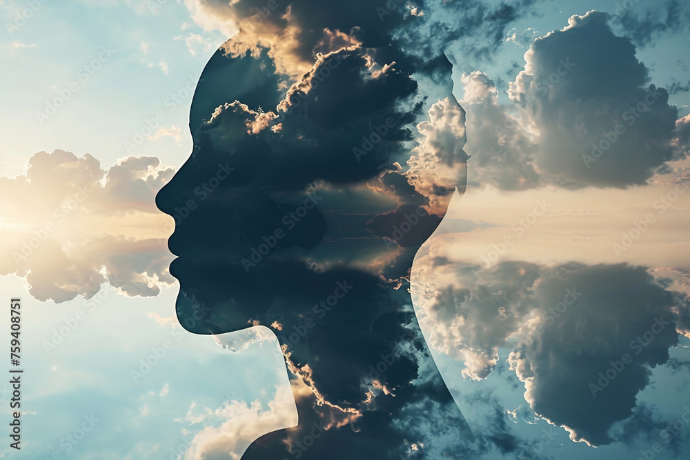 Sky clouds and blended face representing self-reflection and inner ...