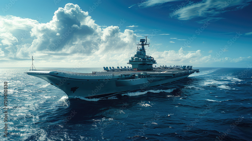 Aircraft carrier cruising on ocean - Majestic view of a large aircraft ...