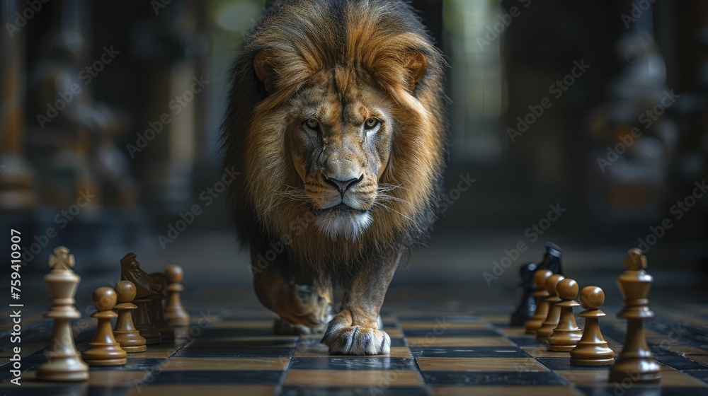 Lion pacing the chessboard, pawns bowing down, depicts tactical ...