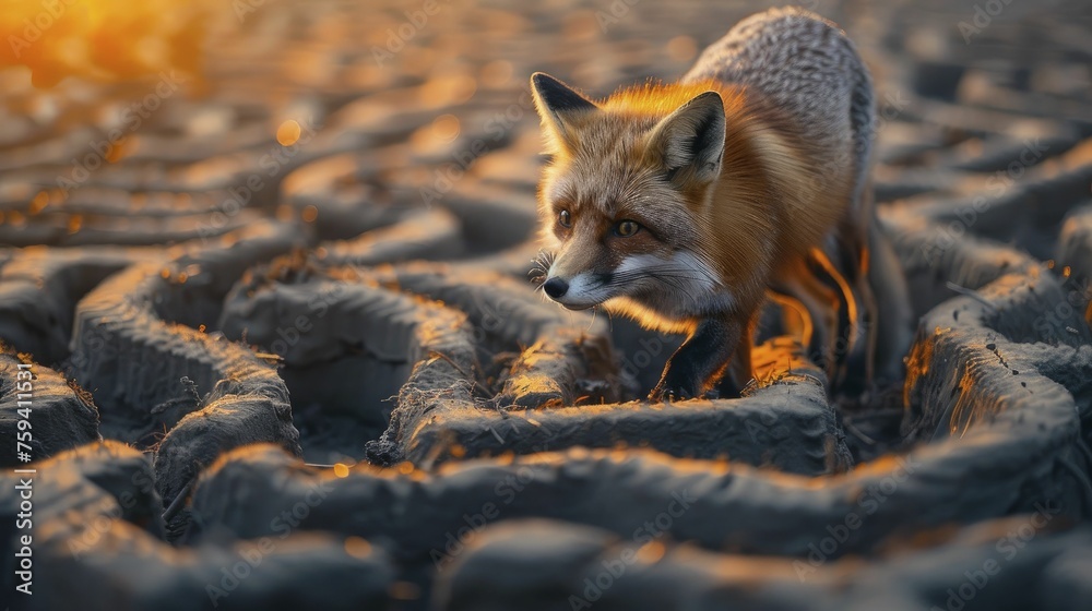 Red fox, in a labyrinth, finds the glowing orb, representing innovative ...