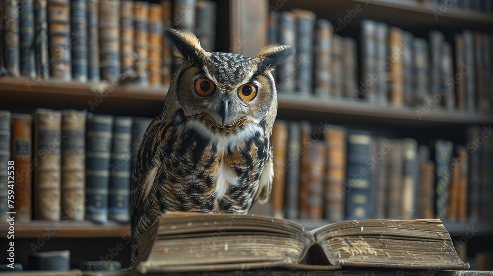 Wise owl in a classic library setting, surrounded by towering ...
