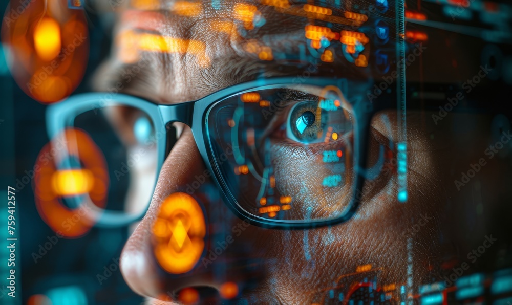 A portrait of a visionary tech entrepreneur standing in front of an AI ...