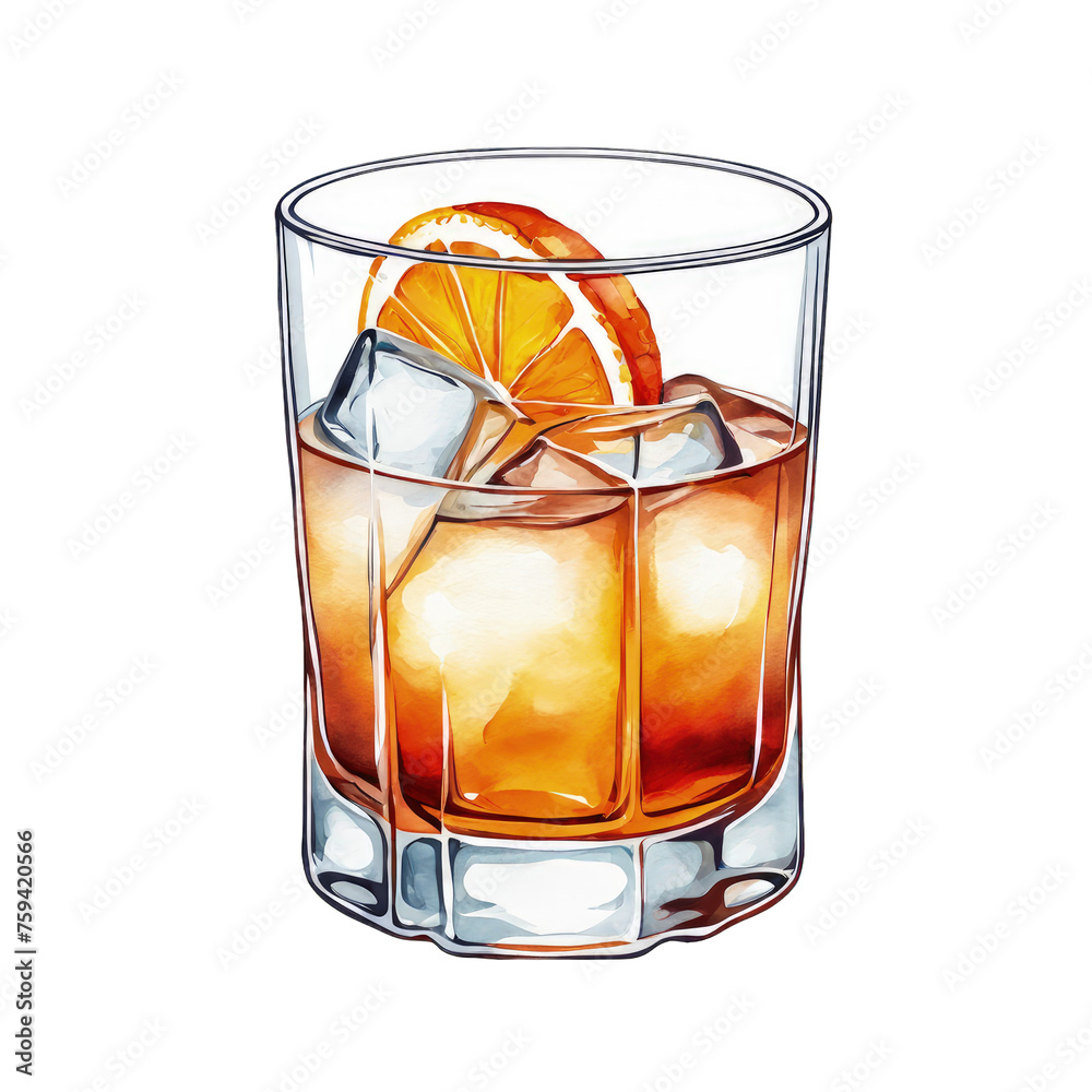 Old fashioned cocktail in a rocks glass glass watercolor illustration ...