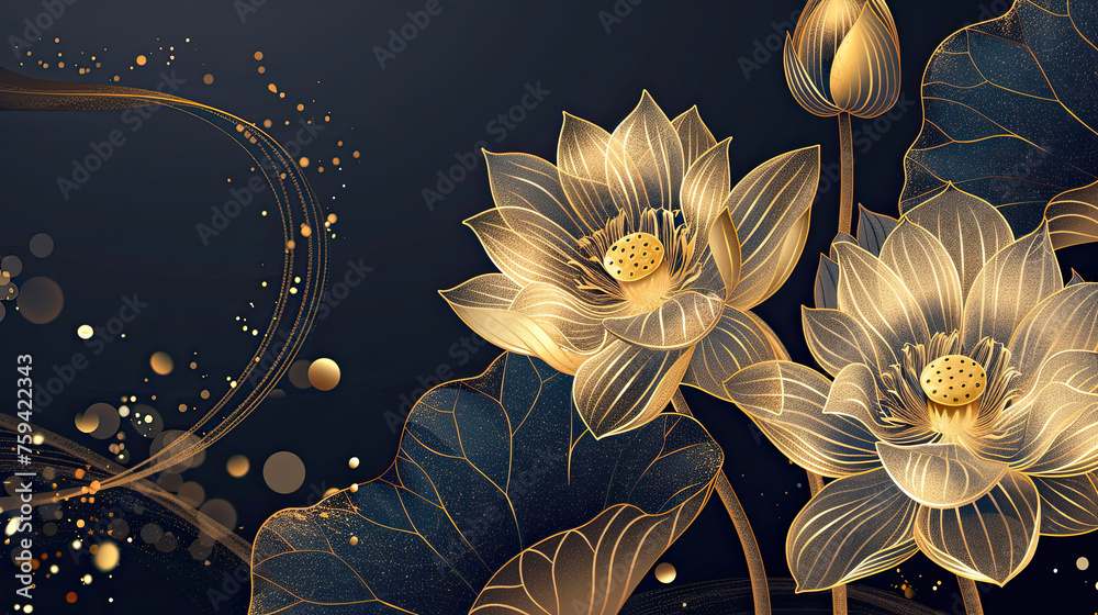 Luxurious background design with golden lotus. Lotus flowers line arts ...