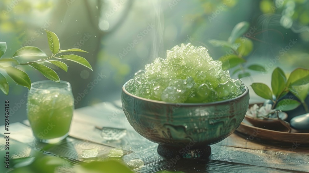 Matcha green tea shaved ice in a 3D animated serene tea garden, Zen ...
