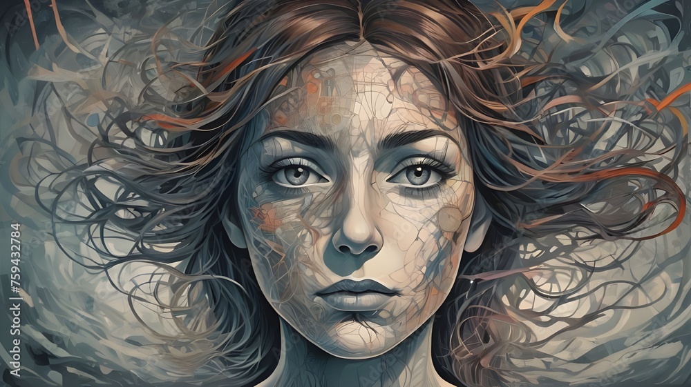 Closeup of weak, stressed down woman. Woman head and brain made by ...