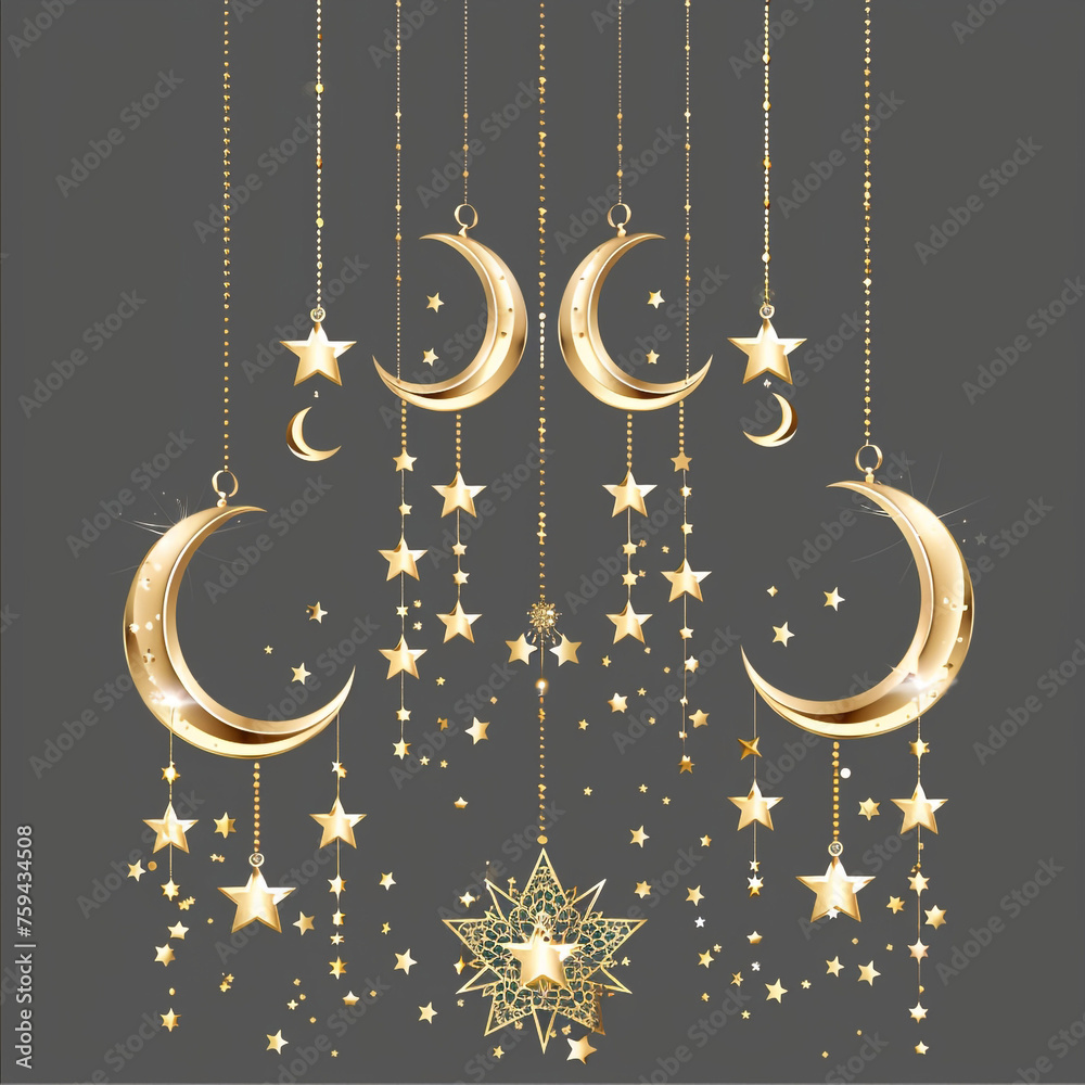 3d golden crescent moons with hanging stars on a transparent background ...