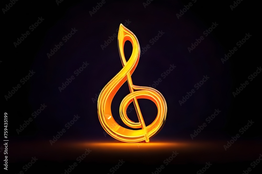 Glowing orange and yellow neon light music note symbol isolated on dark ...