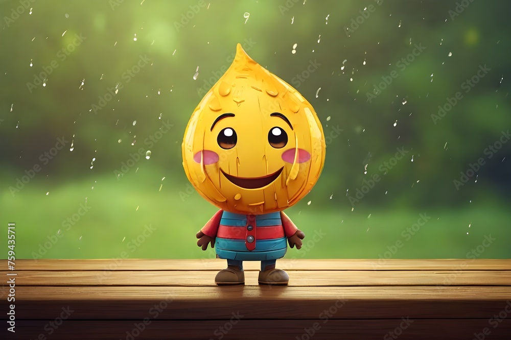 Happy emoji kid enjoying rainfall in a rainy day. Cheery wooden smiley ...