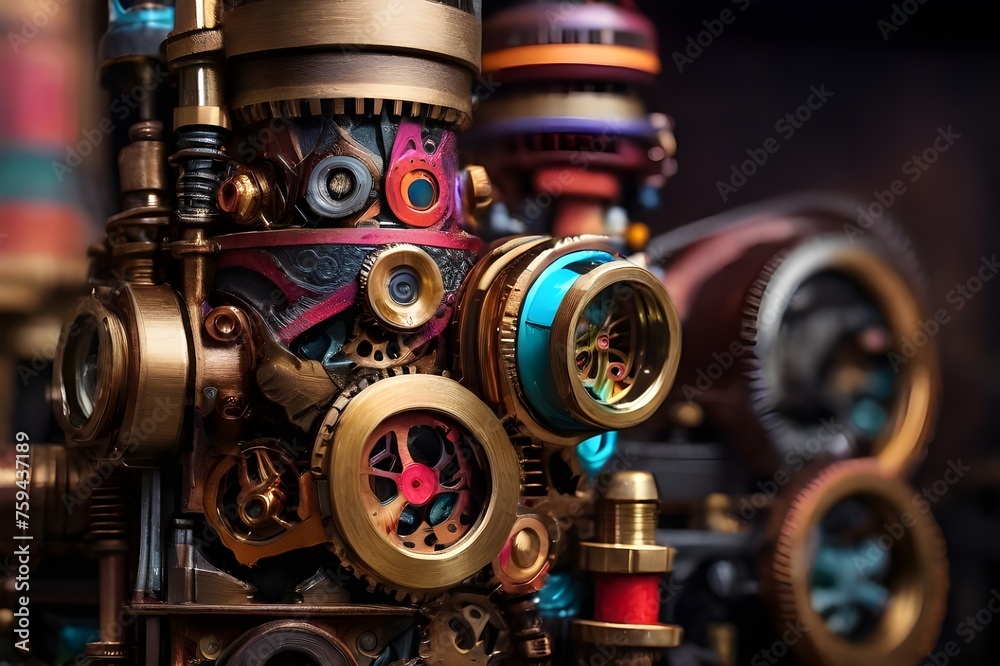 Steampunk style colorful gears pipes with clocks. Abstract techno gear ...