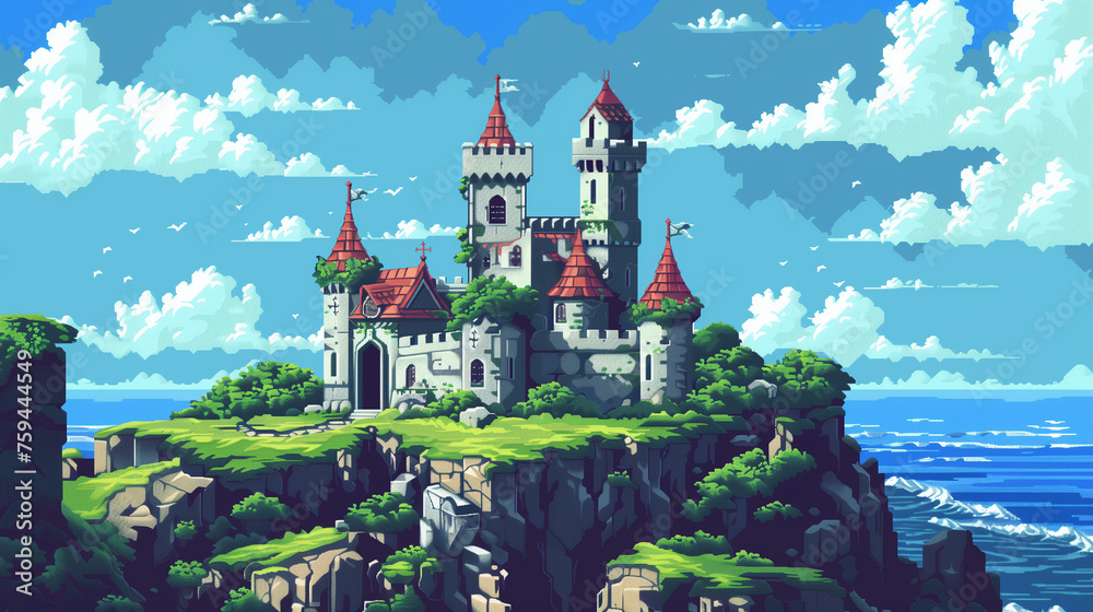Medieval castle on the grass landscape with blue sky , pixel art , 16 ...
